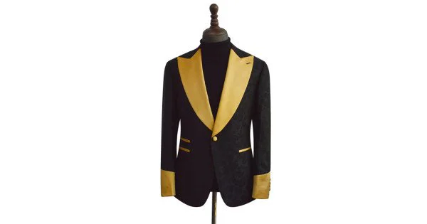 Cameron Modern Black Jacquard One Button Men Suit with Gold Lapel
