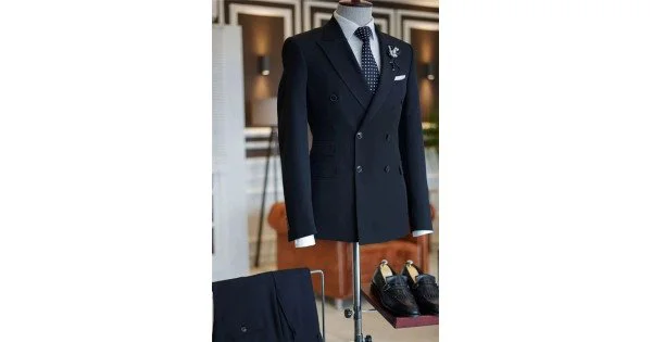 Mason Classic Black Double Breasted Peaked Lapel Two Pieces Men Suits