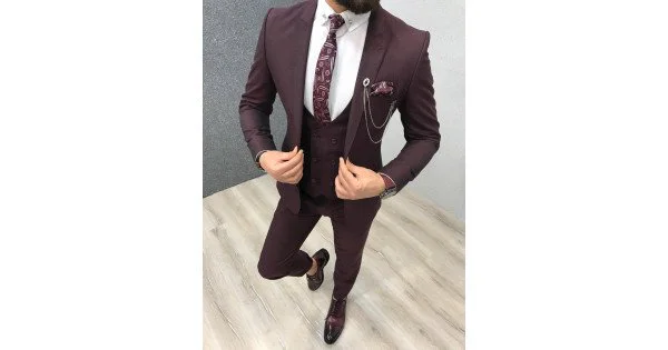 Warren Burgundy Three Pieces Best Fitted Peaked Lapel Men Suits