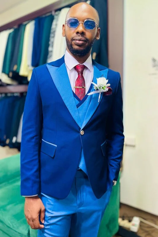 Regan Modern Dark Blue Peaked Lapel Three Pieces Men Suits
