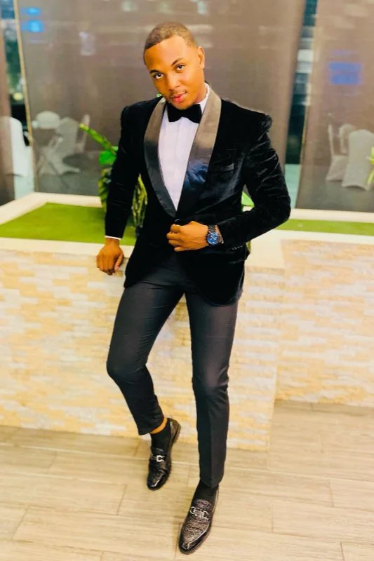 Sebastian Modern Black Velvet Prom Men Suits With Satin Shawl Lapel