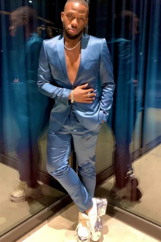 Cameron Fashion Satin Ocean Blue Peaked Lapel Close Fitting Prom Men Suits