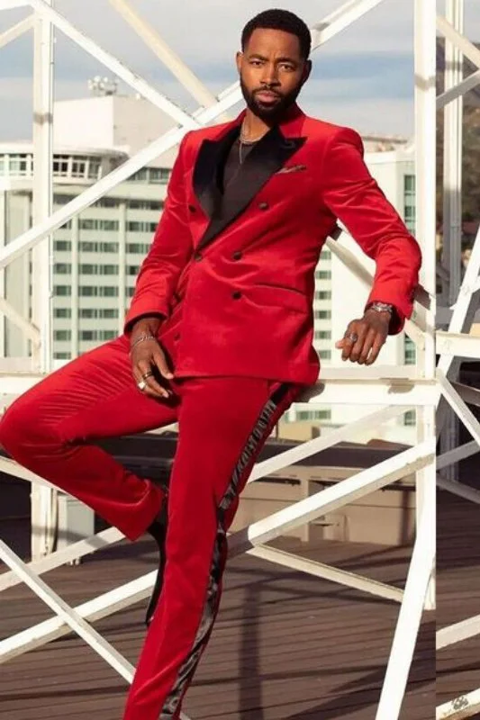 Hayden Fashion Red Peaked Lapel Double Breasted Velvet Slim Fit Men Suits