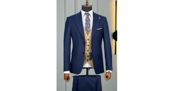 Meredith Blue Peaked Lapel Three Pieces Business Men Suits
