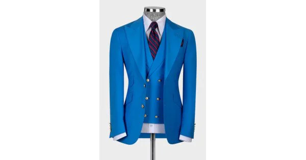 King Ocean Blue Peaked Lapel Three Pieces Wedding Men Suits
