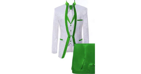 Ahern White Jacquard Three Pieces Wedding Men Suits With Red Shawl Lapel