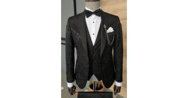 Blake Bespoke Black Shawl Lapel Slim Fit Jacquard Three Piece Men Suit